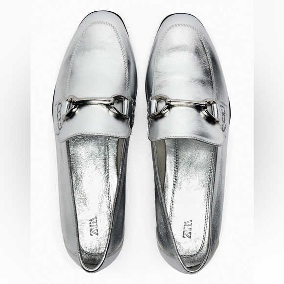 Zara | Shoes | Zara Buckled Soft Metallic Leather Loafers Silver Nwt ...